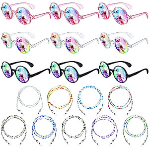 Yunsailing 9 Pairs Kaleidoscope Rave Glasses with 9 Beaded Glasses Strap Rainbow Rave Goggles Prism Fun Sunglasses Eyeglass Chain for Carnival Party Festival Accessories