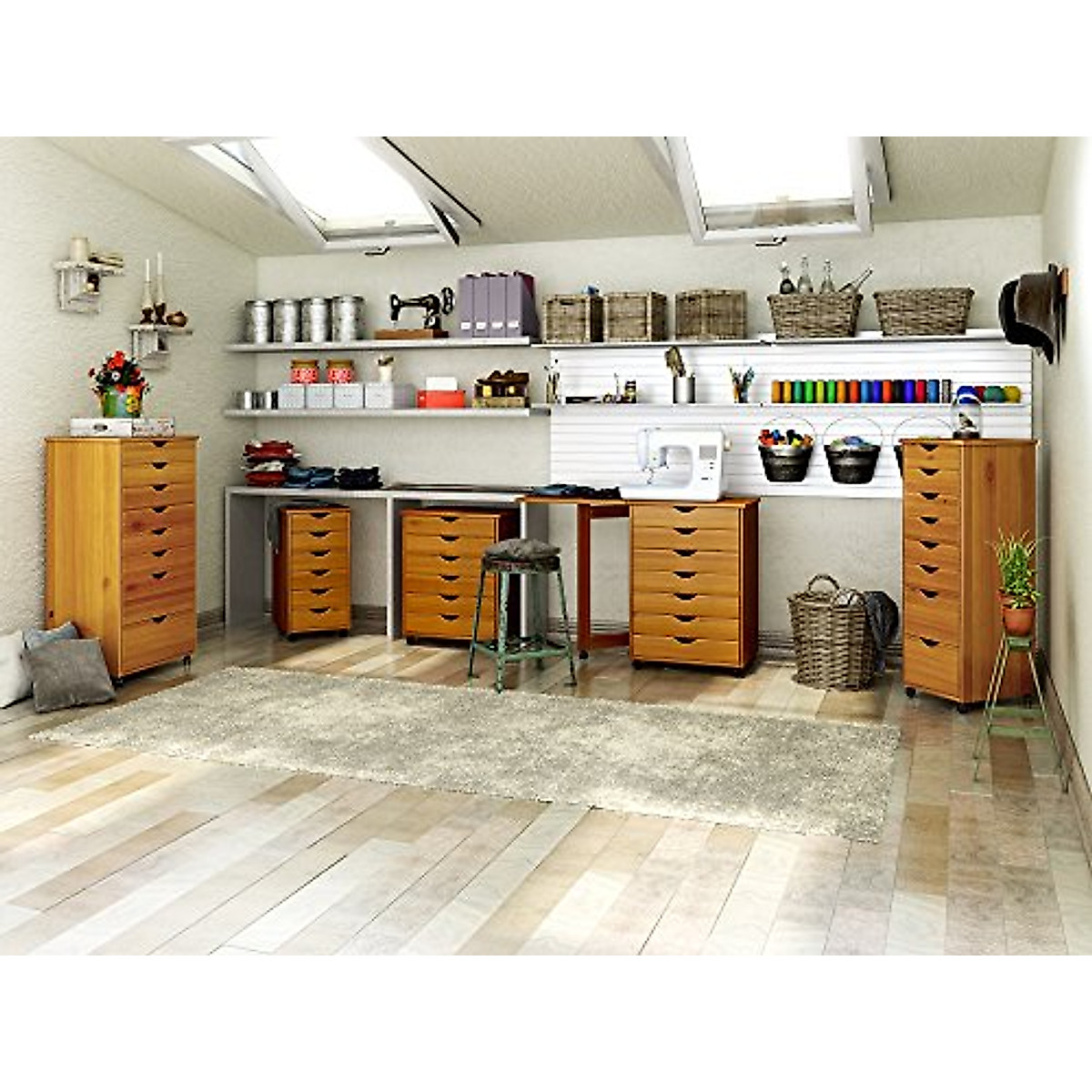 Adeptus Original Roll Cart, Solid Wood, 6 Drawer Narrow Drawers Roll Carts, Medium Pine