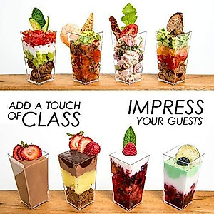 DLux 100 x 3 oz Mini Dessert Cups with Spoons and Lids, Square Tall - Clear Plastic Parfait Appetizer Cup - Small Reusable Serving Bowl for Party Desserts Appetizers - With Recipe Ebook