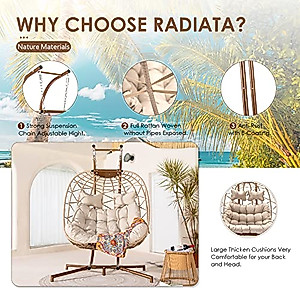 RADIATA Double Egg Chair with Stand Luxury Outdoor Patio Wicker Loveseat Hanging Swing Chairs Resistant Cushions Metal Frame 500 lbs Capaticy for 2 Persons Backyard Balcony Beige Beige Rattan