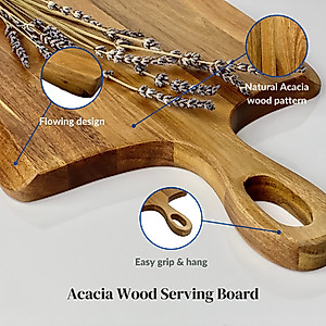 Quessento Home Acacia Wood Wavy Edge Cheese and Charcuterie Serving Board with Handle, Large (20-1/2”L)