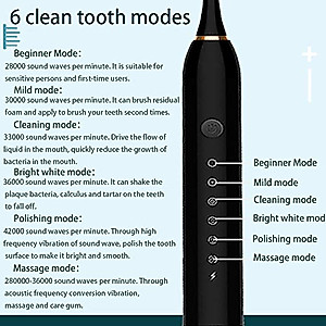 Sonic Electric Toothbrush Rechargeable Ideal for Adults Children, 6 Optional Modes IPX7 USB Fast Charging Electric Ultrasonic Toothbrush with 2 min Build in Timer & 4 Replacement Brush Heads（Black）