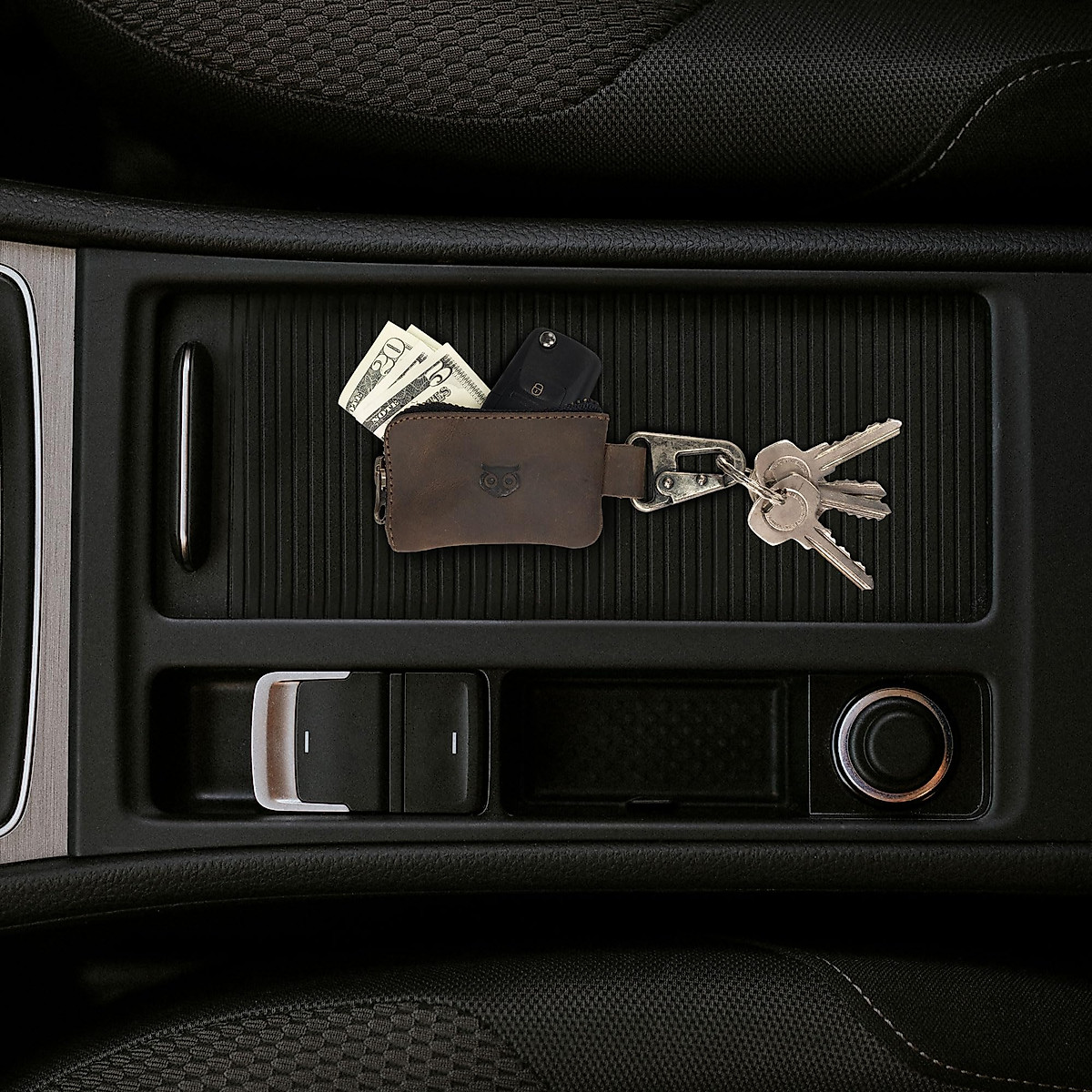 Hide & Drink, Car Key Holder with Keyring, Headphone & Charging Cables, Cash Zipper Case with Clasp, Full Grain Leather, Handmade, Bourbon Brown