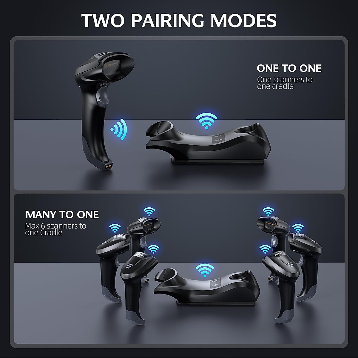 TEEMI QR Bluetooth 5.0 Barcode Scanner with Wall Mountable USB Charging Cradle Data Receiver, 1D 2D Wireless CMOS Screen Scanning PDF417 Data Matrix, Max 300 Yards Transfer Range