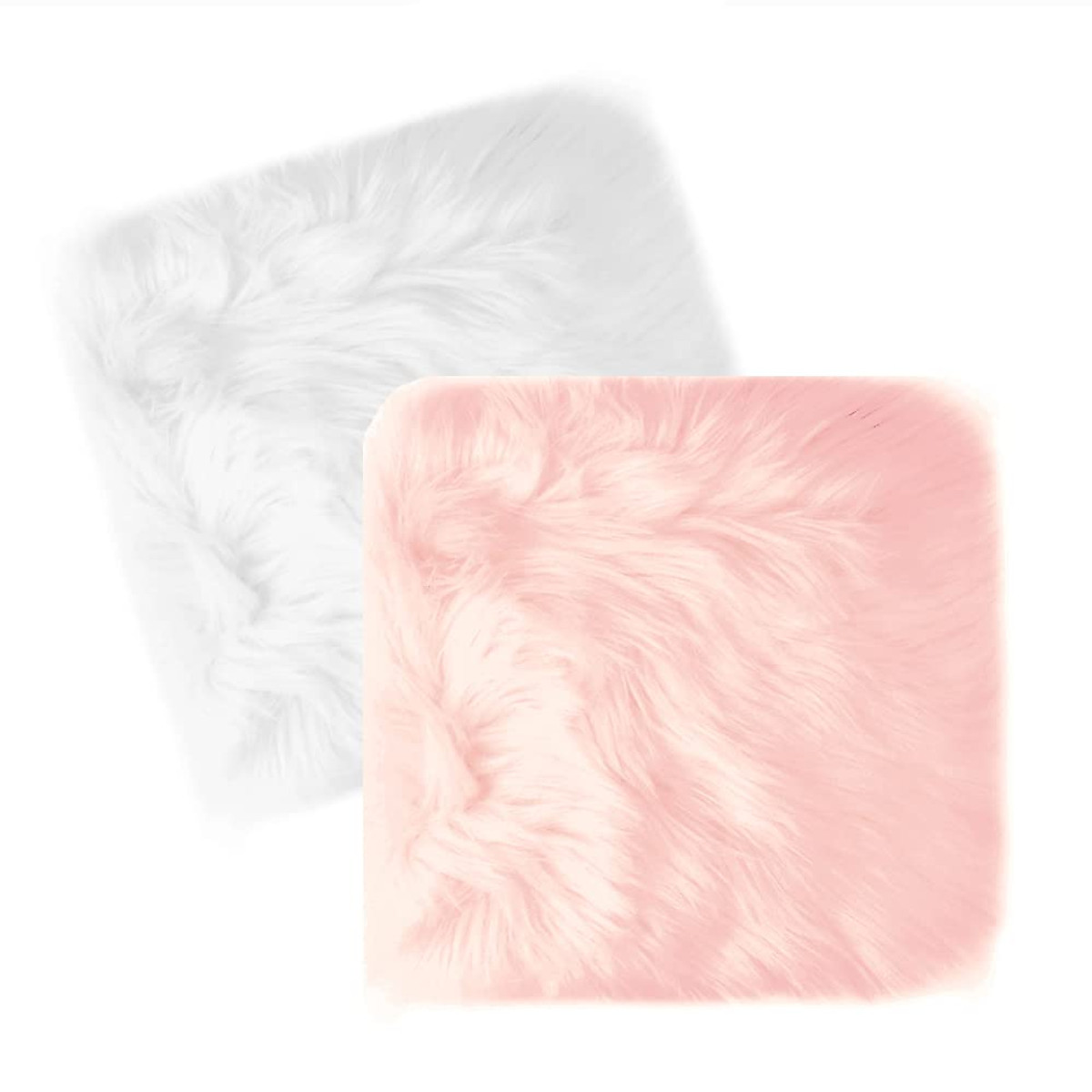 Qioly Pack of 2, Faux Fur Plush Cushion Fluffy Square Small Area Rug, Luxury Background for Small Items/ Jewelry/ Nail Art Desk Photos, Product Display & School Locker Decor (White + Pink)