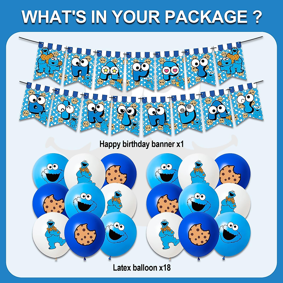 46 Pcs Cartoon Cookies Birthday Party Supplies Includes Happy Birthday Banner Cake&Cupcake Toppers Balloons for Boys Girls Baby Shower Monster Theme Party Decoration