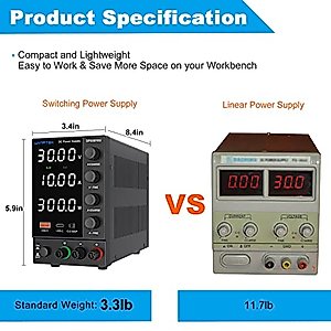 DC Power Supply Variable, Adjustable Switching Regulated Power Supply (30 V 0-10A) with Encoder Coarse & Fine Adjustments Knob, Beach Power Supply with USB & Type-C Quick-Charge Interface