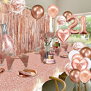 21st Birthday Decorations for Her - Rose Gold 21 Birthday Decorations, Rose Gold Banners, Balloons, Tablecloth, Fringe Curtain, Sash and Tiara for Women Girls Princess 21st Birthday Party Supplies