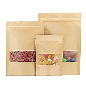 Kraft Zip Lock Stand Up Food Bags Pouches with Notch and Matte Window for Storing Cookie, Dried Foods, Snack (100 Pcs, 11.8" x 7.8")