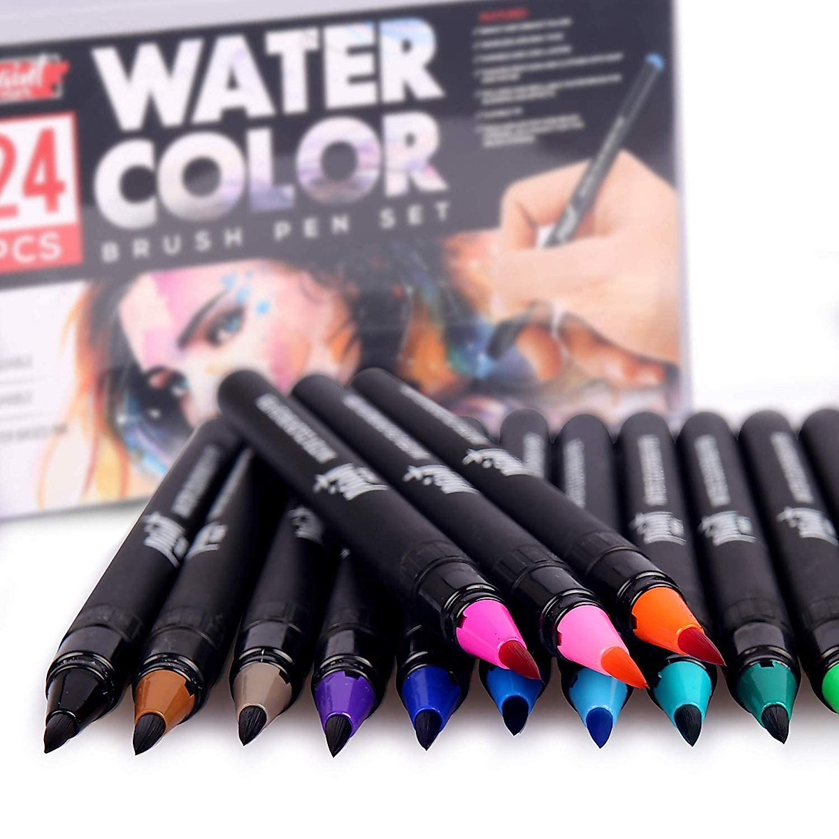 Paint Mark Water Color Brush Pen Set, 24 Water Color Brush Markers, Fine Tip Thin Marker Pack for Coloring, Drawing, Calligraphy, Bullet Journals, Coloring Pens for Beginner and Professional Artists