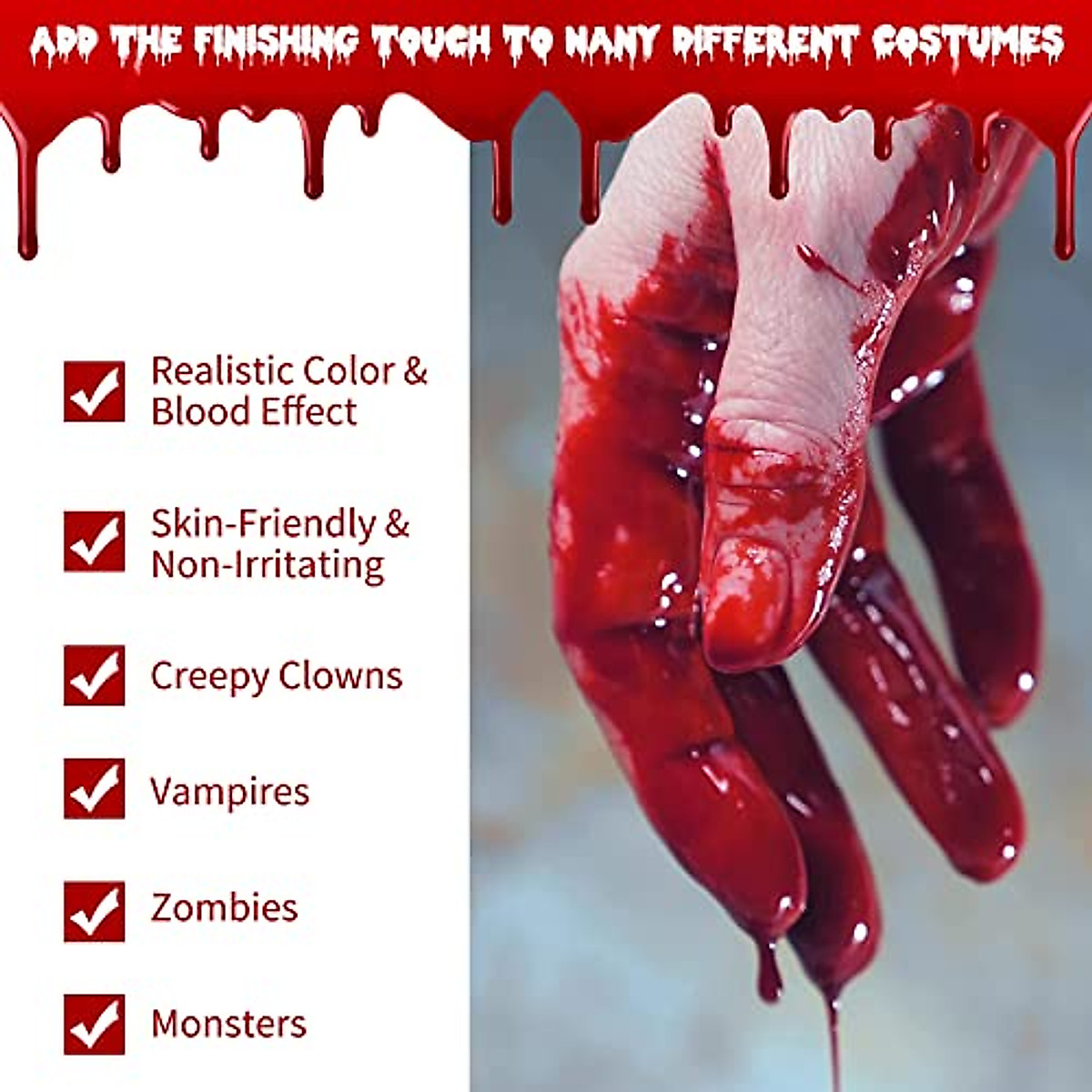Fake Blood Vampire Halloween Makeup, Washable Bloody Mary Fake Blood Spray for Clothes Face Body Paint Realistic Halloween Blood for Zombie Vampire Monster Makeup Cosplay, Realistic Blood Splatter 1oz