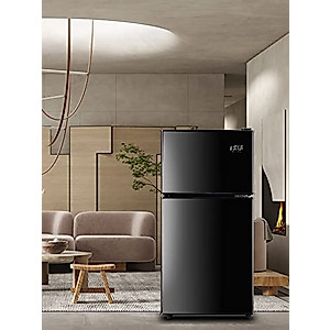 KRIB BLING Refrigerator with Freezer 3.5 Cu.Ft with 7 Level Adjustable Thermostat Control 2 Door Energy Saving Top-Freezer Compact Refrigerator Black