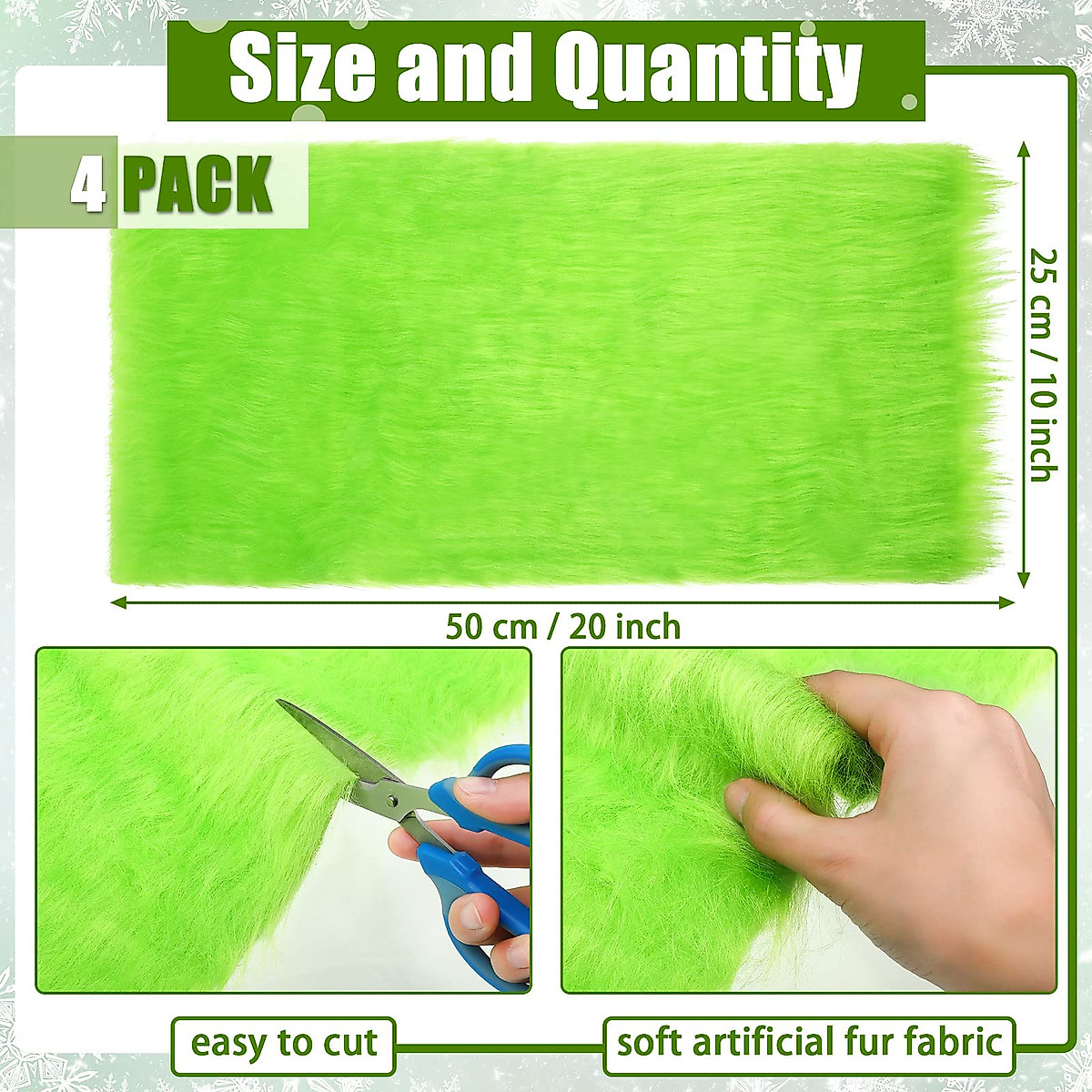 4 Pcs Christmas Faux Fur 10 x 20 Inch Faux Fur Fabric Squares Shaggy Fluffy Fabric Patches Ultra Soft Plush Craft and Hobby Fabric Craft Supply, Halloween Costume, Decoration (Green)
