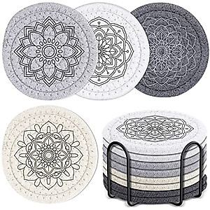 8 Pieces Coasters for Drink Absorbent, Billbotk Mandala Drink Coasters with Holder, Woven Coasters Set for Coffee Table, Wooden Table and Home Decor, 4.3 Inches