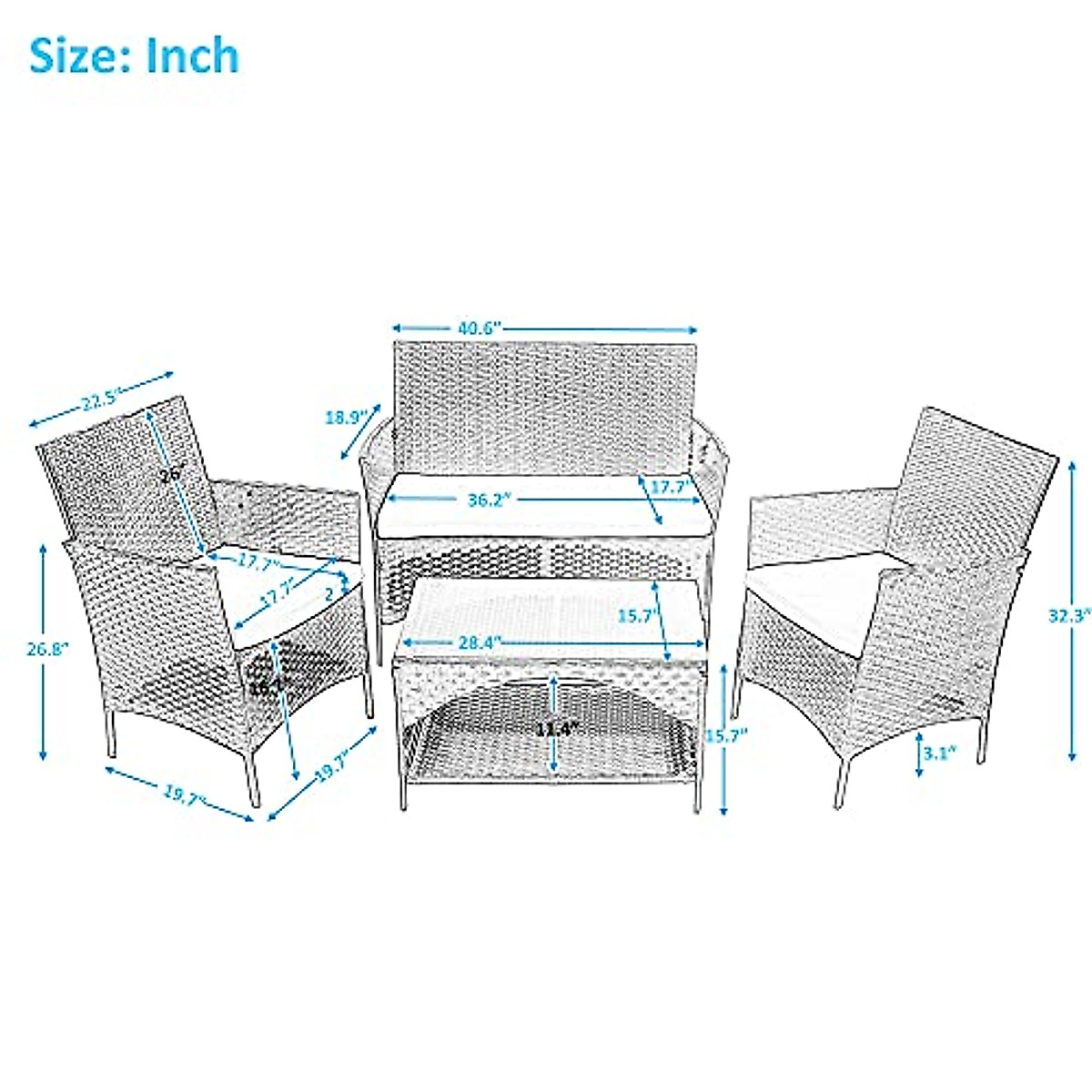 XXXDXDP 4PCS Patio Furniture Outdoor Garden Conversation Set Black Wicker 2 Armchairs+1 Double Sofa+1 Table w/Green Cushion