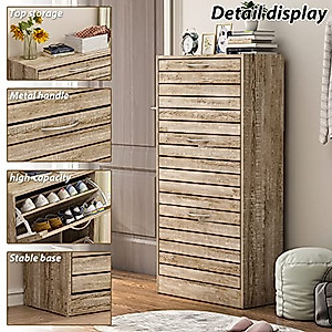 AGOTENI Shoe Cabinet, Natural Narrow Shoe Cabinet with 3 Flip Doors & Adjustable Shelf, Modern Shoe Storage Cabinet for Entryway Hallway (22.4”W x 9.4”D x 42.3”H)
