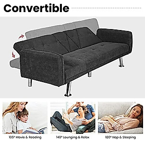 AWQM Futon Sofa Bed,Modern Upholstered Convertible Folding Sleeper Sofa,Recliner Futon Couch Bed with Armrests 2 Cup Holders,for Living Room,Apartment,72.4" L x 18.5" D x 29.9" H,Dark Grey