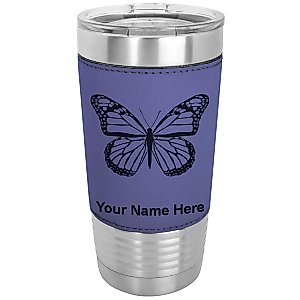 LaserGram 20oz Vacuum Insulated Tumbler Mug, Monarch Butterfly, Personalized Engraving Included (Faux Leather, Dark Purple)