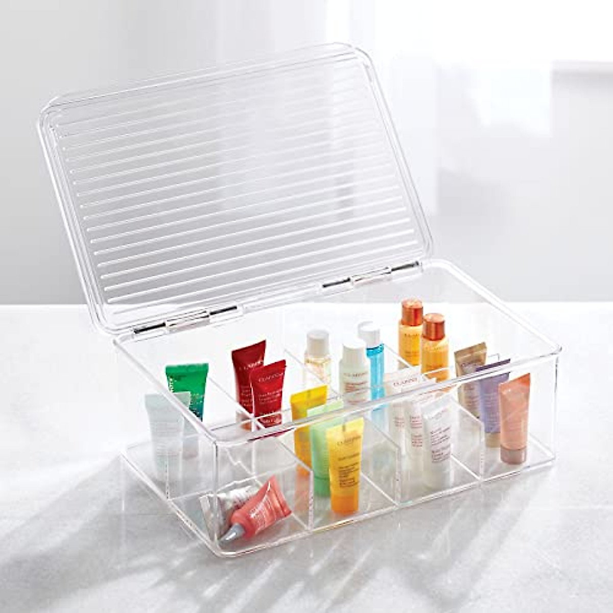 mDesign Plastic First Aid Kit Storage Box with Clear Top Lid for Bathroom, Kitchen, Cabinet, Closet, Drawer - Organizes Medicine, Ointments, Adhesive Bandages, Dental, 8 Divided Sections - Clear