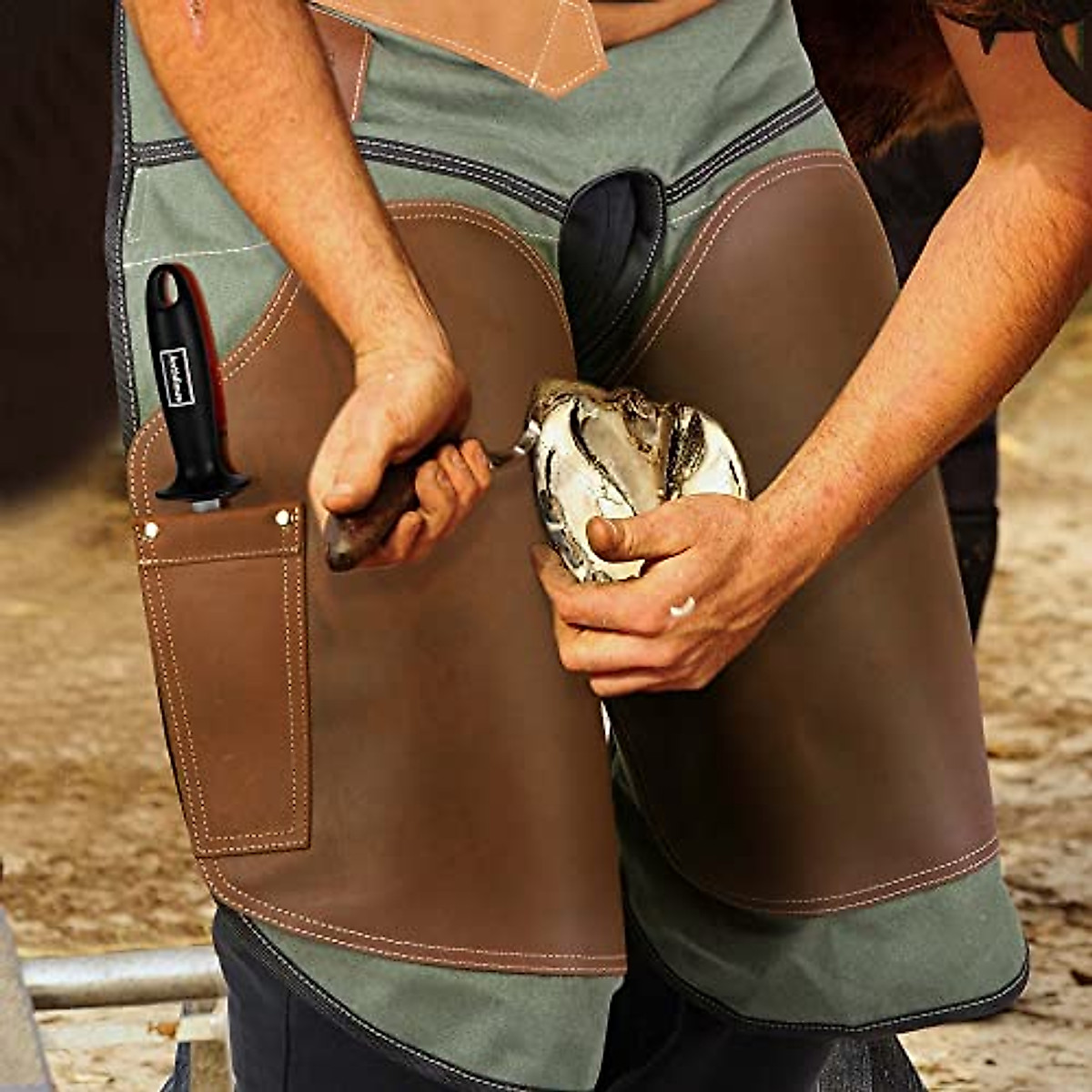 Antidious Professional Farrier Chaps Leather Farrier Apron with Adjustable Belt and Knees Straps Hoof Trimming, 2 Pockets and Extra Hook for Storage, Suitable for 28’’~55’’ Waistline