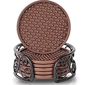 Drink Coasters Set of 6 Packs with Holder - Round Black BPA Free Silicone with Metal Iron Coaster Case Non-Slip Bottom Fits Any Size Cup Mug or Glasses (Brown)