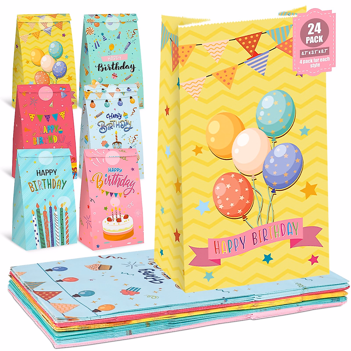 VGOODALL 24PCS Happy Birthday Party Favor Bags, Birthday Theme Goodie Bags Gift Bags Treat Bags for Kids Birthday Party