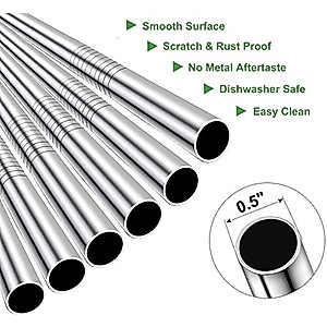 Vinaco Stainless Steel Boba Straws, 0.5'' Extra Wide Reusable Metal Drinking Straws for Milkshakes, Bubble Tea, Smoothie, Set of 6 Jumbo Drinks with 1 Cleaning Brush