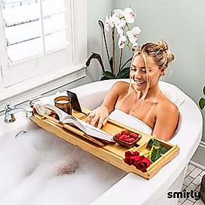 SMIRLY Expandable Bamboo Bathtub Tray, Bath Tray for Tub, Bathtub Accessories, Bath Tub Tray Wood, Bath Accessories, Bath Caddy, Bathtub Caddy Tray for Tub, Bath Table Tray