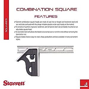 Starrett Student Combination Square - Ideal for Youngsters and Apprentices - 6" Blade Length, Cast Iron Head, Hardened and Tempered Square Blade, 4R Graduation - 10H-6-4R