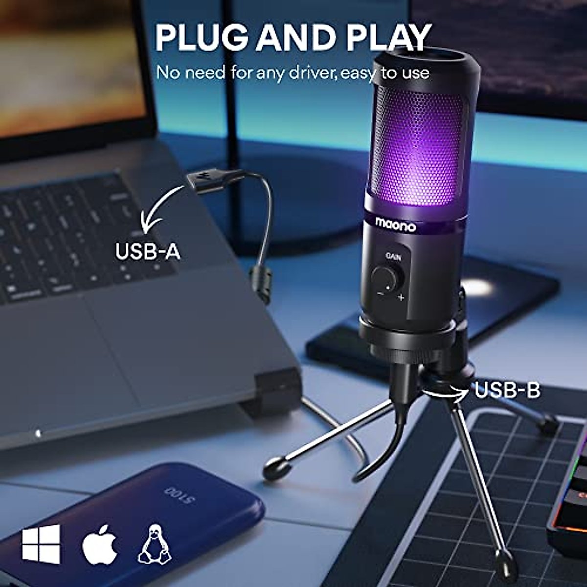 MAONO USB Gaming Microphone for PC, Computer Condenser Mic with Gain Knob, RGB Light, Tripod Stand for Recording, Podcasting, Streaming, Compatible with PS5 PS4 Mac Laptop Desktop (PM461TR RGB)