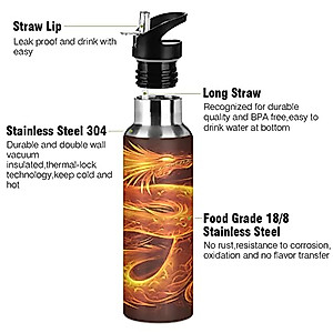 Fire Dragon Water Bottle Kids Thermos Bottle with Straw Lid Insulated Stainless Steel Water Flask for School Outdoor Sport Leakproof 20 oz