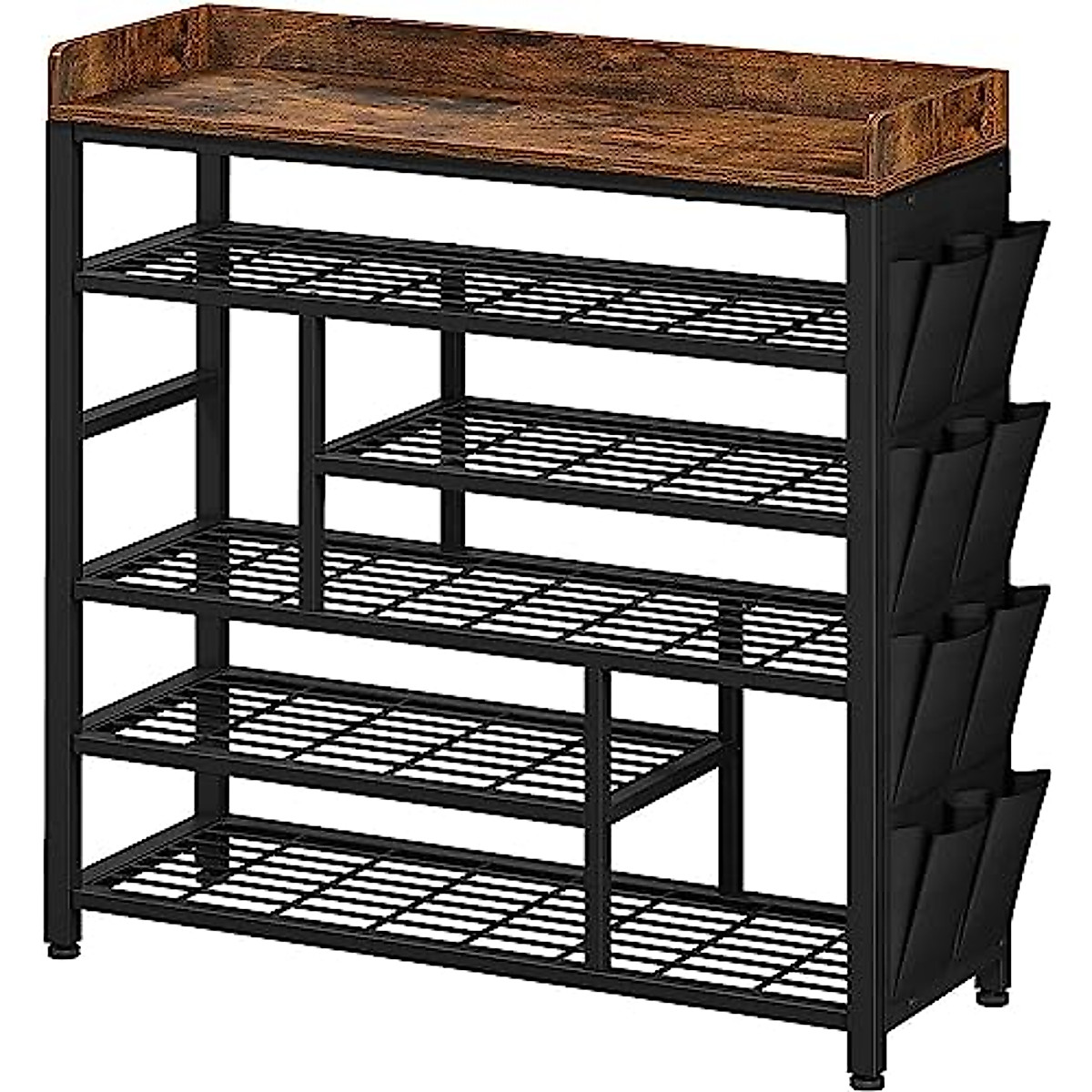 EnHomee Shoe Rack for Entryway Metal Shoe Racks with Boots Storage for 18-22 Pairs Free Standing Entryway Shoes Rack Sturdy Shoe Shelf Wooden Top & Side Pocket for Entry, Entrance, Hallway, Black