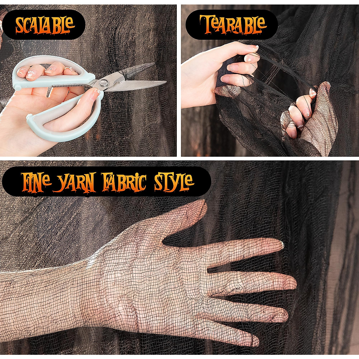 400" x 85" Halloween Creepy Cloth - Large Size Halloween Spooky Fabric Cloth - Scary Gauze Blood Creepy Cloth for Haunted House Halloween Party Yard Wall Doorway Outdoors Decoration (Black)