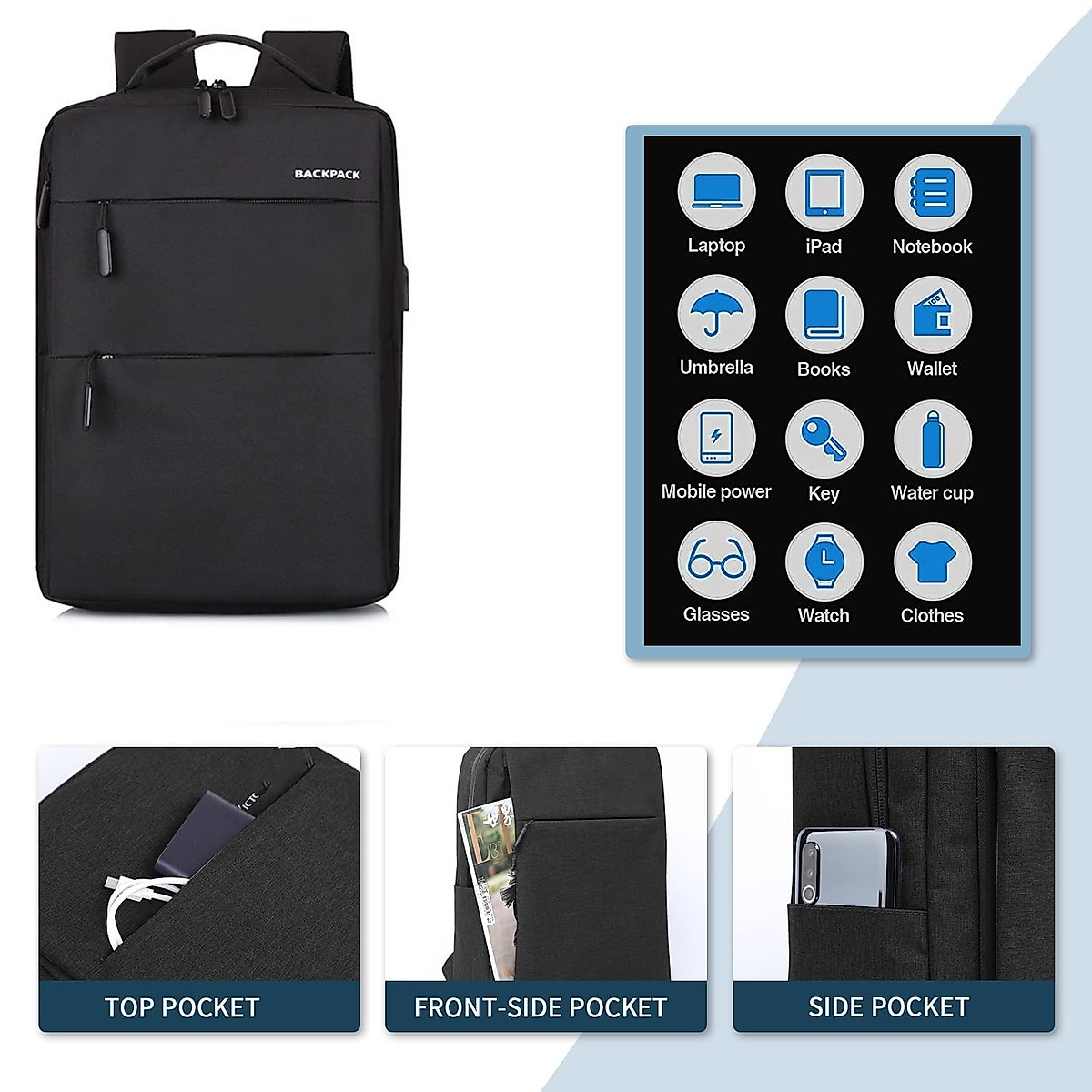 Laptop Backpack, Laptop Backpack 15.6 inch,Durable Business Travel Laptops Backpack with USB Charging Port, Water Resistant College School Computer Bag Gifts for Men & Women Fits Notebook, Black