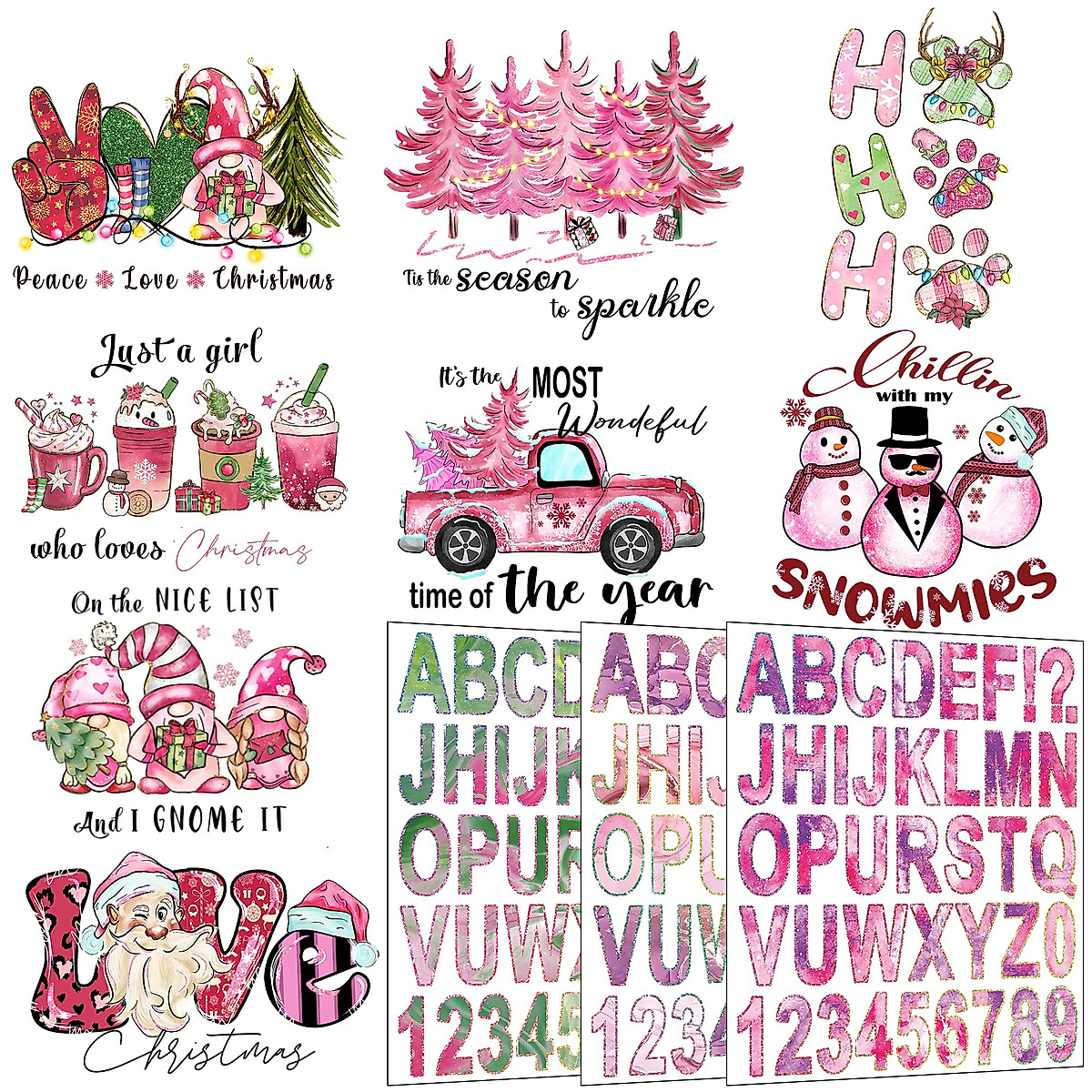 11 Sheets Christmas Iron on Letters transfers for t Shirts - Christmas HTV Heat Transfer Vinyl Iron on Decal Patches Design - Christmas Crafts Iron on Decals for Women