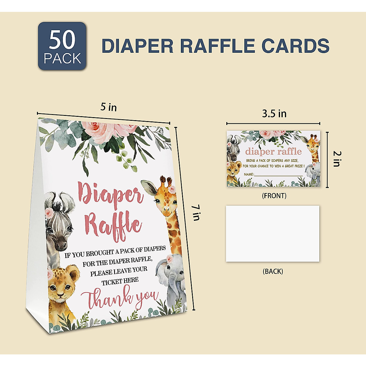 Yuansail Diaper Raffle Tickets For Baby Shower, Jungle Animal Themed Cards, Party Favors For Baby Showers Game Cards, 1 Sign & 50 Cards Per Pack – (bb002-niaobu)