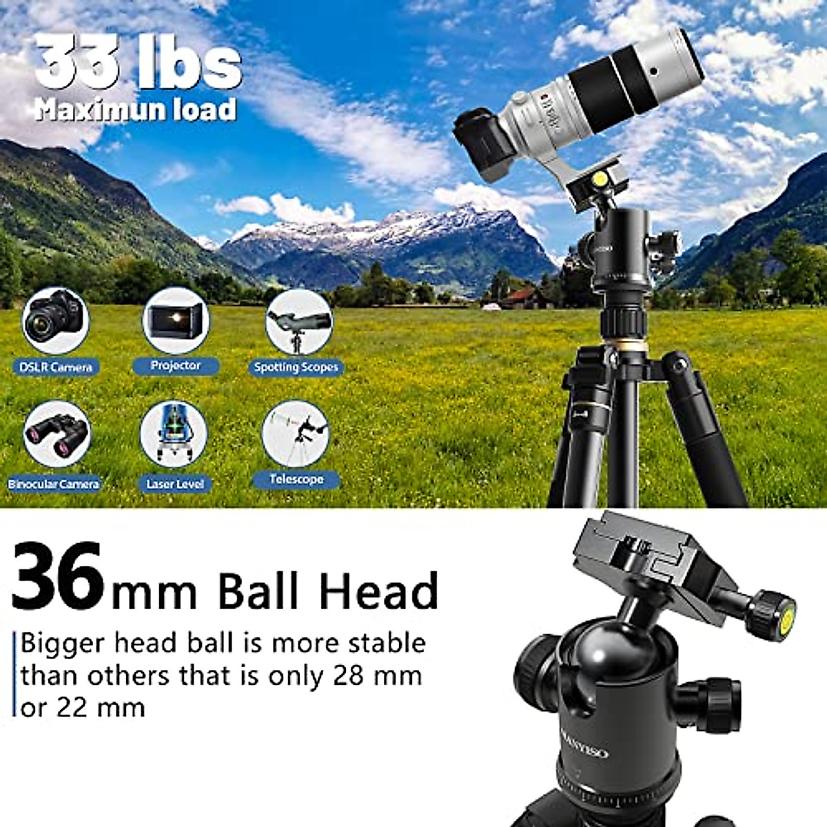77” DSLR Camera Tripod for Travel - NIANYISO Compact Tripod for Camera, Professional Tripod with 36mm 360 Degree Ball Head, Lightweight Aluminum Camera Tripods & Monopods Load up to 33 lbs