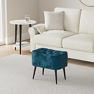 BIRDROCK HOME Tufted Curve Ottoman Velvet Foot Stool - Upholstered Padded Footrest for Living Room or Bedroom - Small Cushioned Accent Chair for Couch, Sofa, Lofted Seating - Modern Furniture - Teal