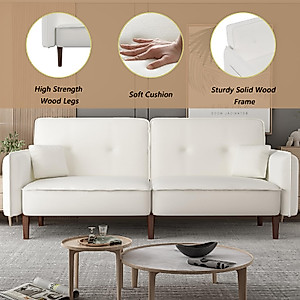 Altillo Modern Upholstered Convertible Futon Sofa Bed with Storage Pockets and 2 Pillows, Foldable Sleeper Sofa Armrest Couch w/6 Solid Wood Legs for Living Room Apartment (White)