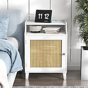 Nightstand Set of 2 White Night Stand with Charging Station Farmhouse Bedside Table with Rattan Door&Adjustable Storage Shelf Rustic Wood Couch Side Table End Table for Bedroom