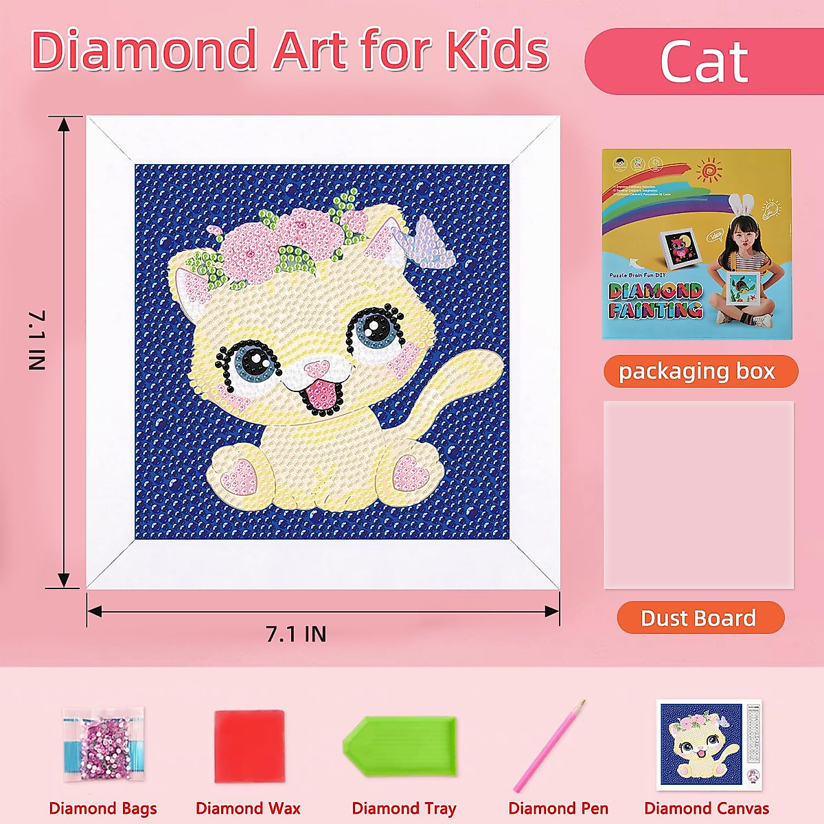 Miairivy Diamond Painting for Kids, 5D Animal Diamond Art Mini Small Kit(with Wooden Frame), DIY Cute Cat Big Gem Painting Set, Paint by Diamonds Crafts for Girls Boys Ages 4-12