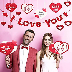 Valentines Day Heart Banner Decorations, I LOVE YOU Garland and Red Glitter Heart Swirl Hanging Kit, Best for Bridal Shower, Anniversary, Wedding, Love Party Supplies, Valentine's Day Tree, Home Décor