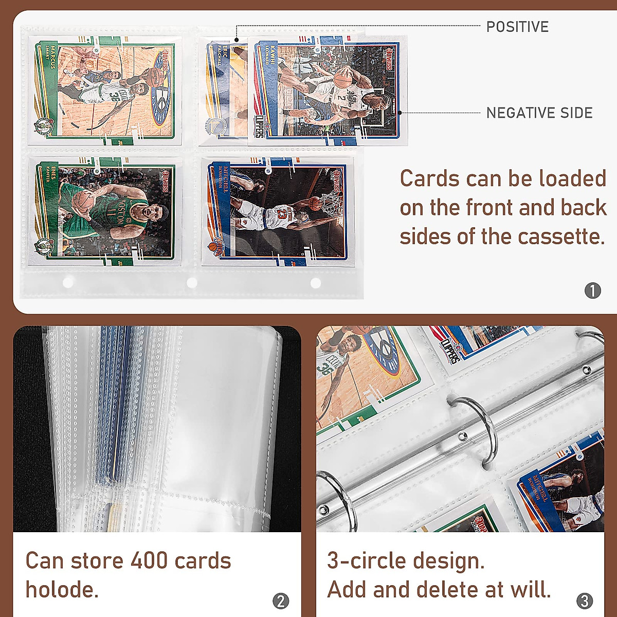 Yinke Basketball Baseball Football Card Binder Sleeves for Trading Cards,Holds Up to 400 Cards with 50 Premium 4-Pocket Page, Hard Organizer Carry Cover Collectors Storage Bag(Dark brown)