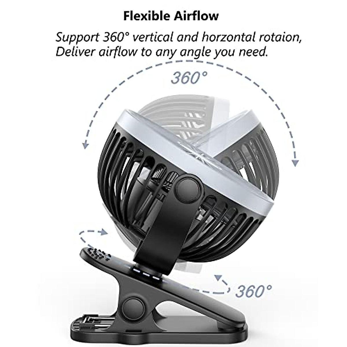 TYZU 5 Inch Clip on Fan, 3-Speed Desk Fan, 2500mAh Battery Operated Portable Stroller Fan with Strong Clamp, Small Dorm Fan with Strong Airflow, 360°Rotate, Quiet USB Fan for Bed Office Treadmill