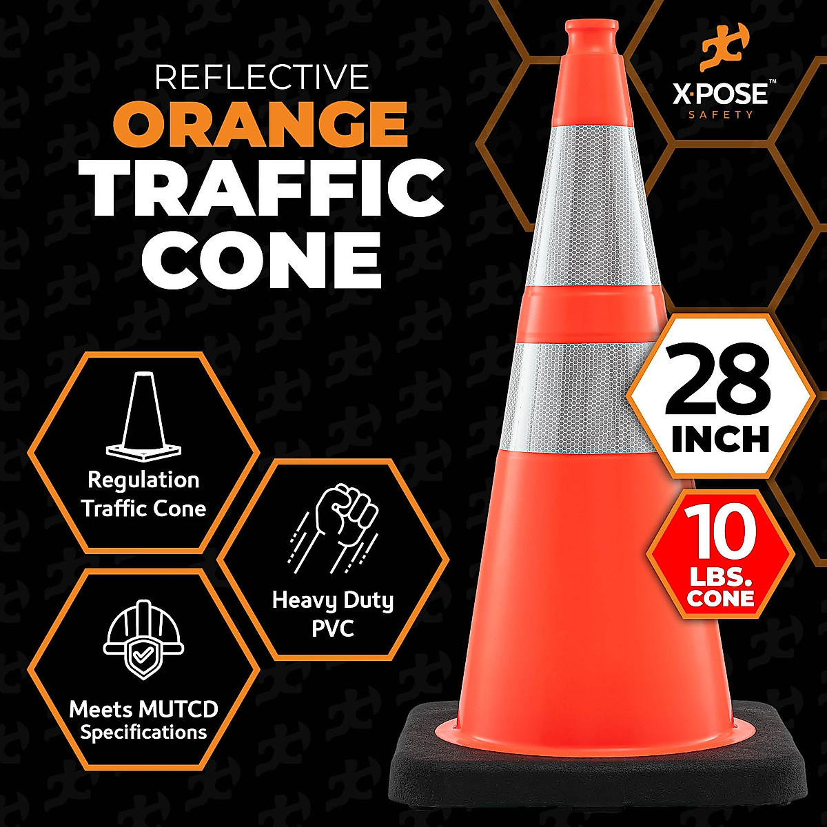 Xpose Safety 28 Inch Orange Traffic Cones Heavy Duty 10lb with 6" & 4" Collars, 24 Pack - Multipurpose PVC Plastic Safety Cone for Parking, Soccer, Caution, Kids and Construction