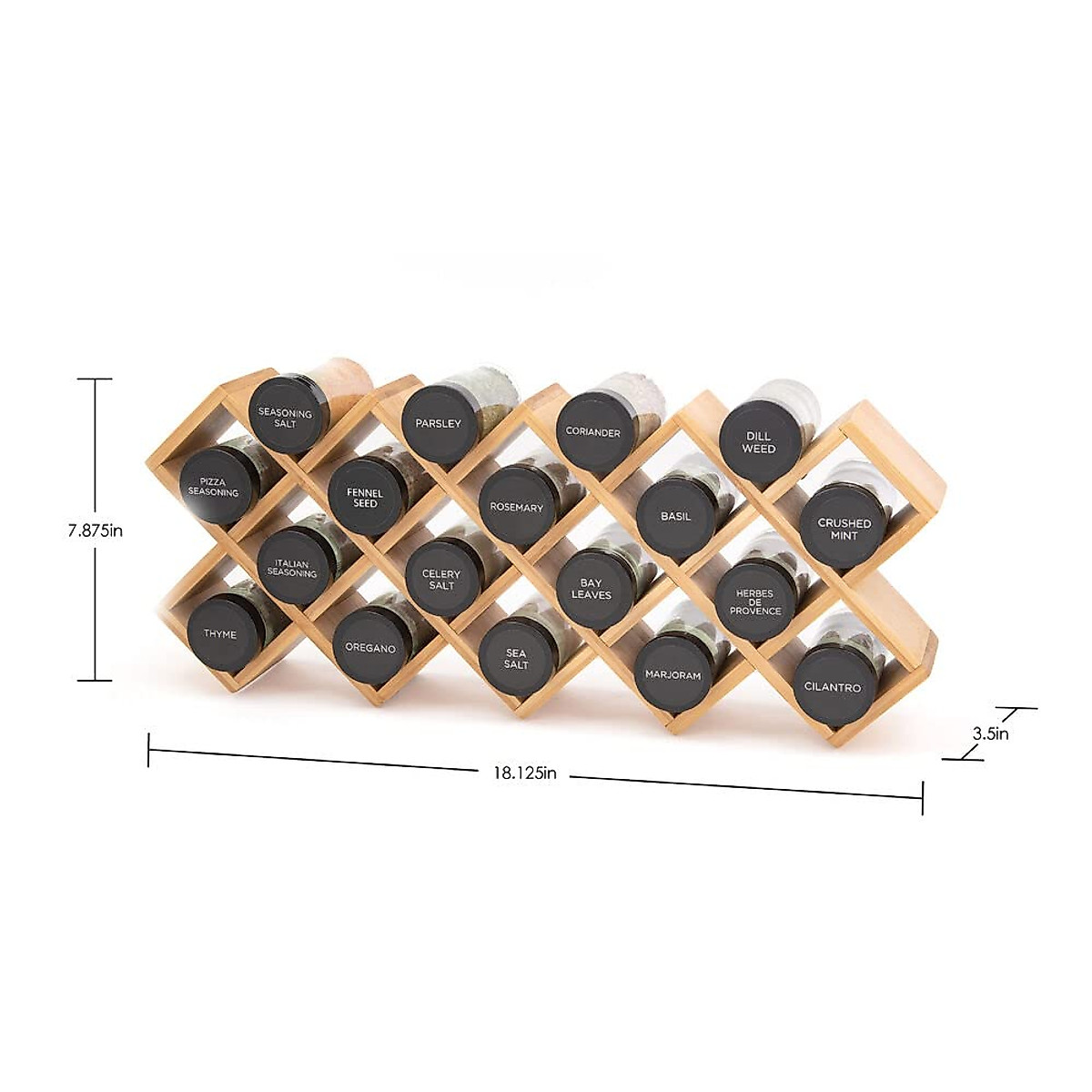 Kamenstein 18 Jar Criss-Cross 2-in-1 Spice Organizer for Countertop or Wall with Spices Included, FREE Spice Refills for 5 Years, Bamboo with Black Caps