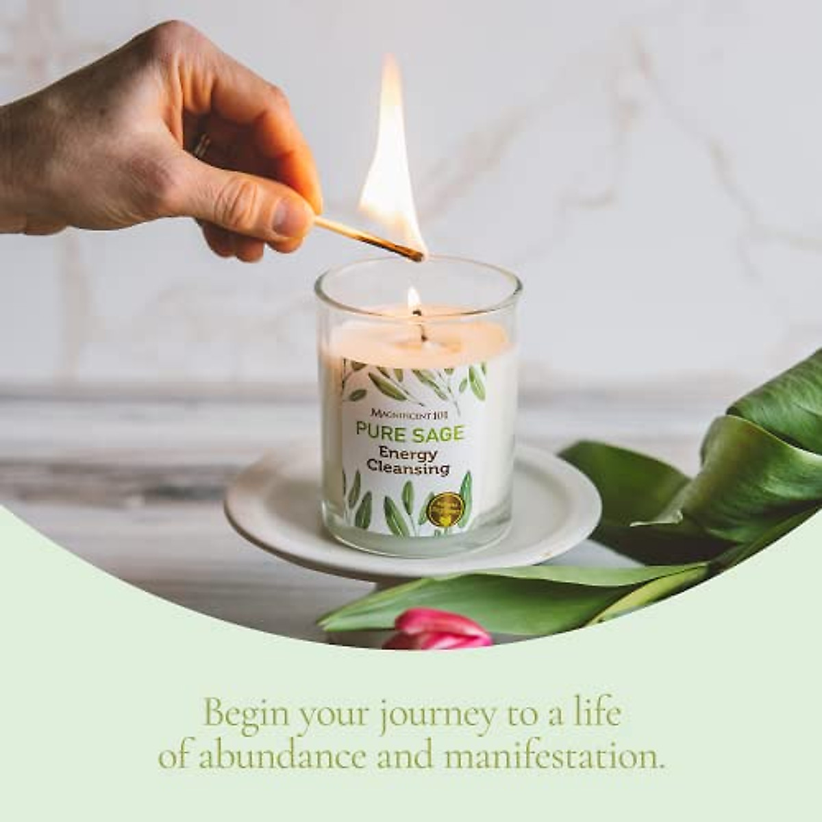 Magnificent 101 Pure Sage Energy Cleansing Candle for Smudging, Purification, Chakra Healing; Great Gift for Meditation, Aromatherapy & Yoga Practice; 100% Natural Soy Wax Candle in 6-oz. Glass Holder