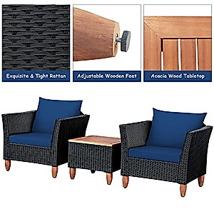 Tangkula 3 Piece Patio Furniture Set, Patiojoy Outdoor Wicker Rattan Bistro Sofa Set w/Washable Cushion, Acacia Wood Top Coffee Table, Conversation Set for Balcony Backyard Porch (Blue)
