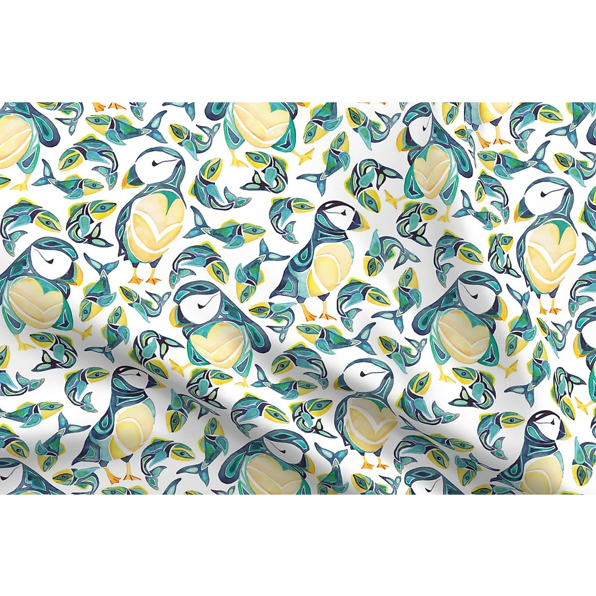 Spoonflower Fabric - Puffin Party Geometric Fish Boy Wildlife Puffins Art Tattoo Printed on Petal Signature Cotton Fabric Fat Quarter - Sewing Quilting Apparel Crafts Decor