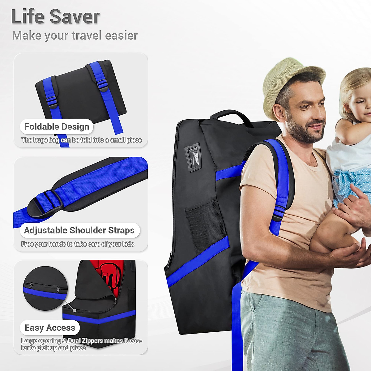 ProFaster Car Seat Travel Bag - Padded, Comfortable, Durable, Roomy Gate Check Carseat Cover Backpack Fits 3-in-1，Convertible, Booster & Infant Car Seats for Airplane, Airport, Blue